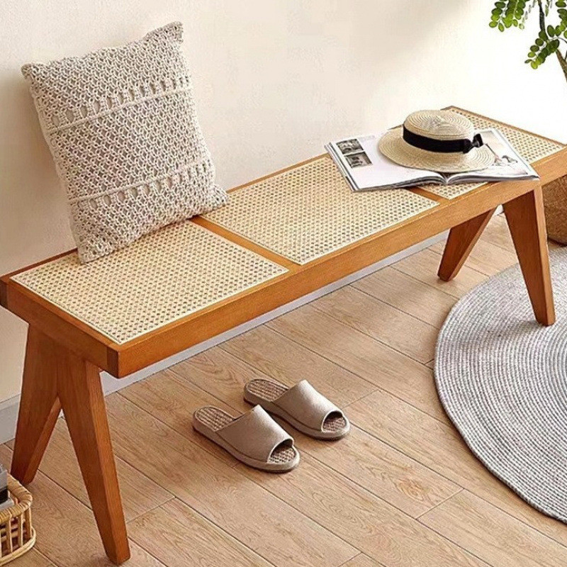 J-H/Solid Wood Long Stool Rattan Woven Long Bench Shoe Changing Stool ...