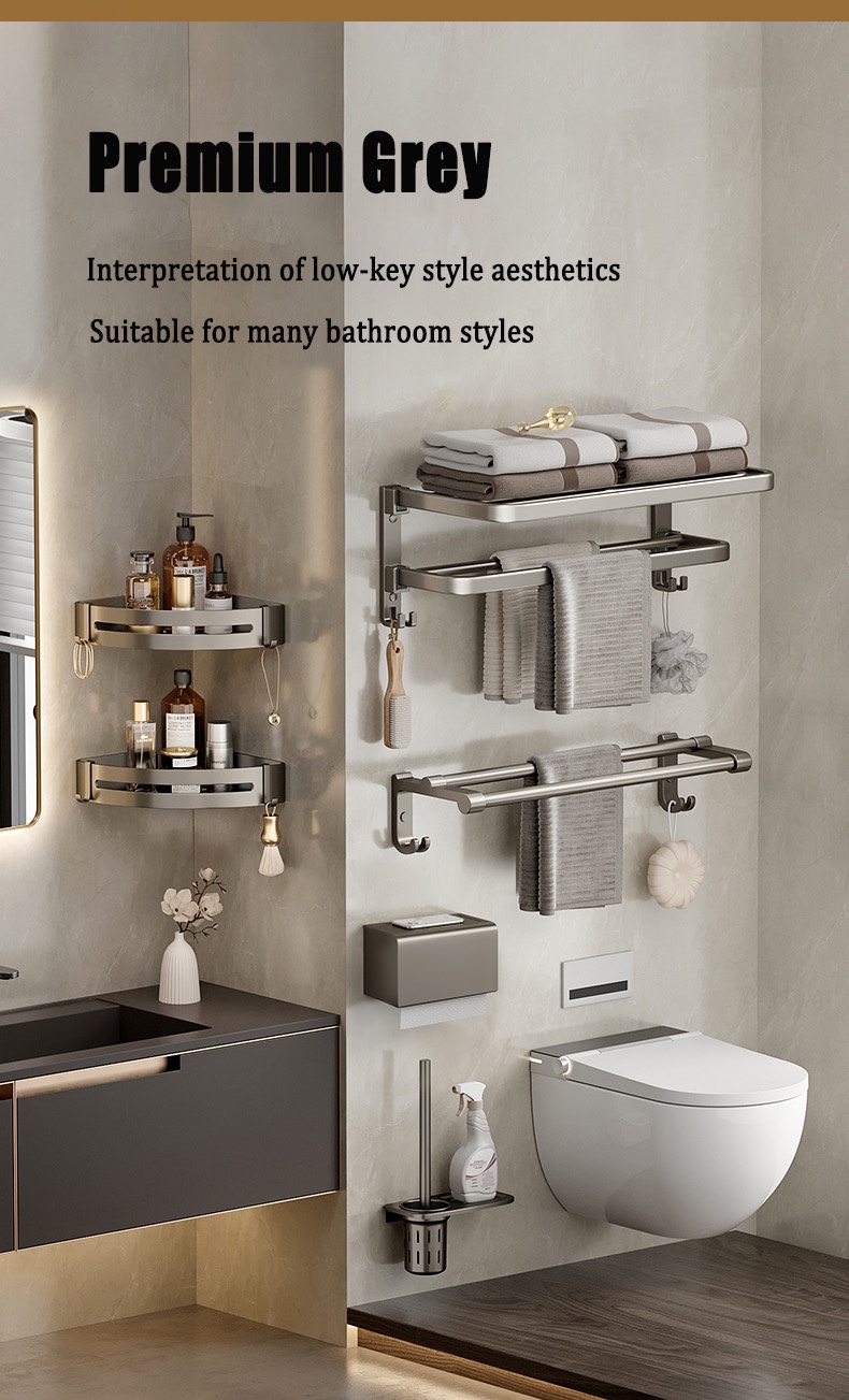 [MY Stock] Gray Aluminum Bathroom Towel Rack Toilet Storage Bathroom ...