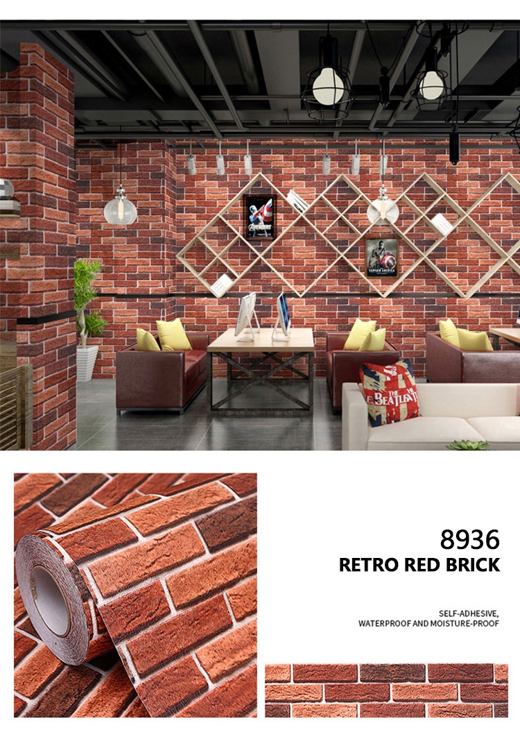 Red Brick Self Adhesive Wallpaper Living Room Bedroom Office 3D Wall ...