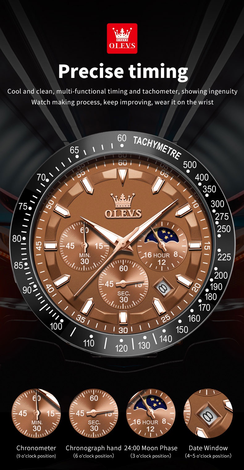 Olves Jam Tangan Lelaki Original Waterproof Fashion Moonphase Watches Multifunction Chronograph ...
