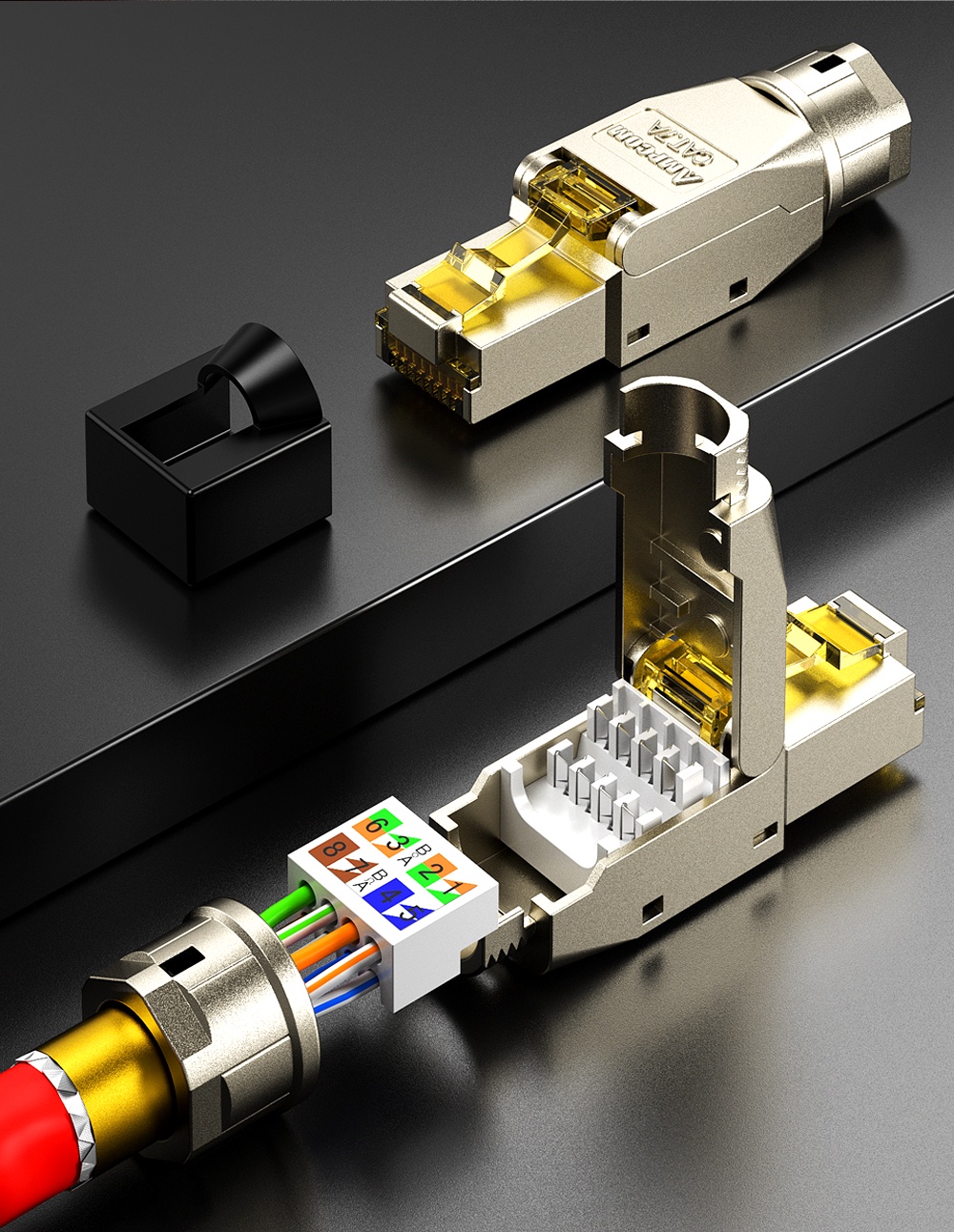 AMPCOM Toolless RJ45 Connector, CAT8/CAT7/CAT6A Tool Free Reusable Termination Plugs Shielded ...