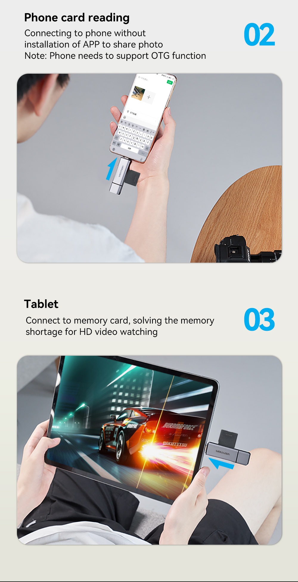 Vention Card Reader USB 3.0 512GB USB Type C Dual Ports Support SD+TF ...