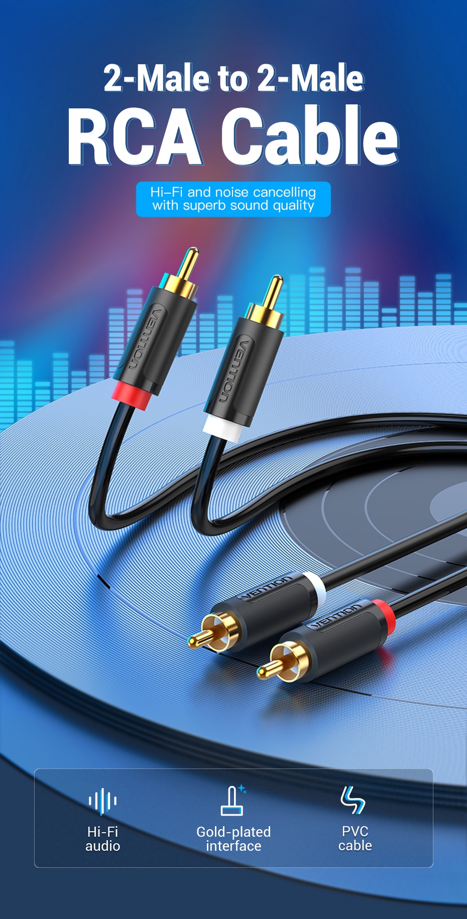 Vention RCA Cable 2RCA to 2RCA Stereo Gold-Plated RCA Audio Cable for ...
