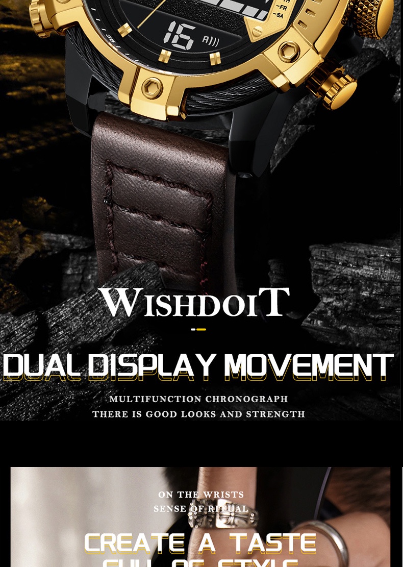WISHDOIT men's multi-function chronograph dual display watch tough guy ...