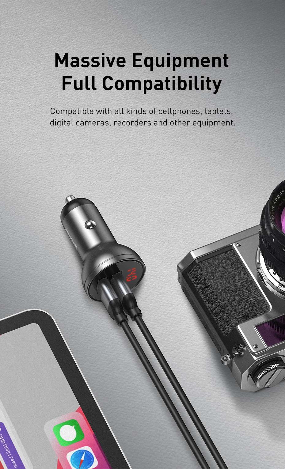 Baseus 24W 4.8A Dual USB Metal Car Charger LED Display fast Charging ...