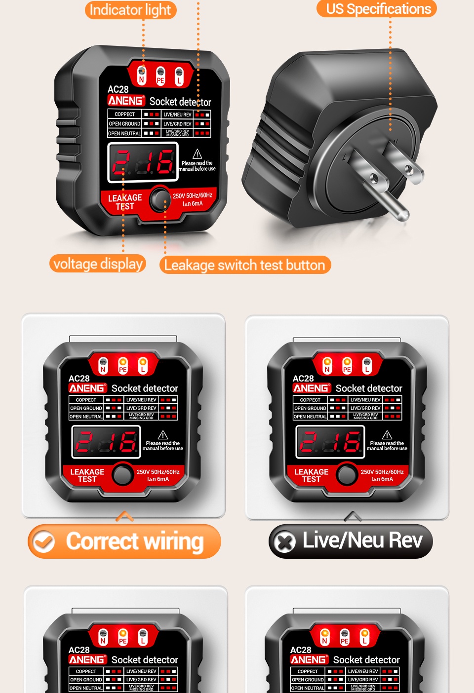 ANENG AC28 Digital Socket Powe Tester 250V 50Hz/60Hz Socket Polarity ...