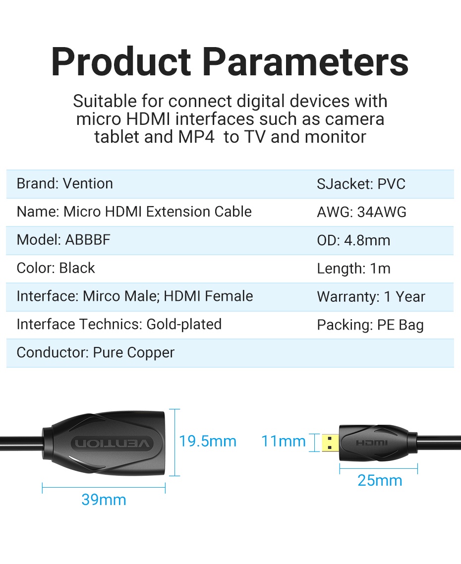 Vention Micro HDMI Adapter Micro MINI HDMI to HDMI Female Cable 4K60Hz ...