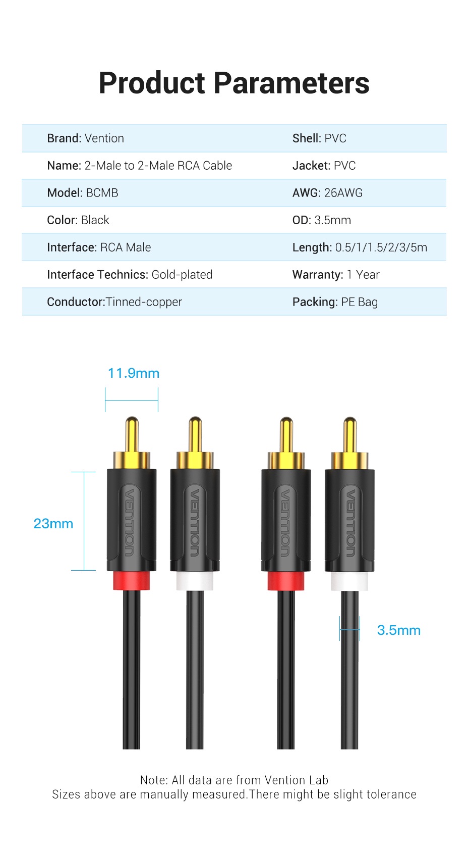 Vention RCA Cable 2RCA to 2RCA Stereo Gold-Plated RCA Audio Cable for ...