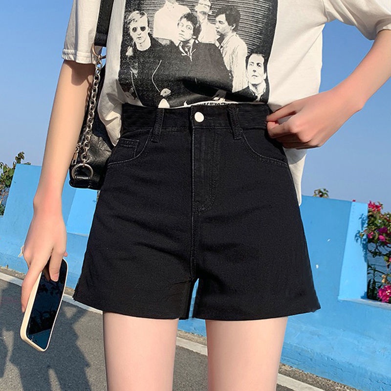 women's Short jeans Baju Raya Black crimped women's summer high waist ...