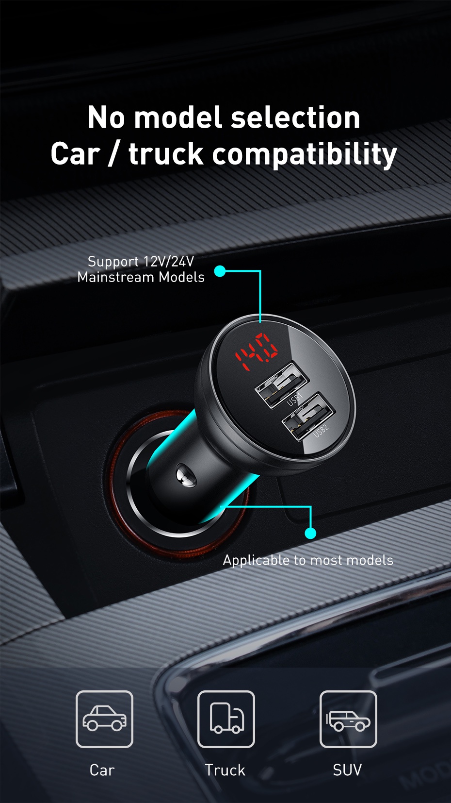 Baseus 24W 4.8A Dual USB Metal Car Charger LED Display fast Charging ...