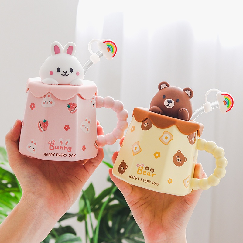 400ml Cartoon Ceramic Mug With Lid and Spoon Creative Cute Coffee Milk ...