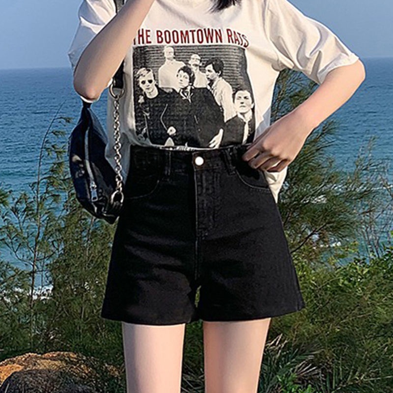 women's Short jeans Baju Raya Black crimped women's summer high waist ...