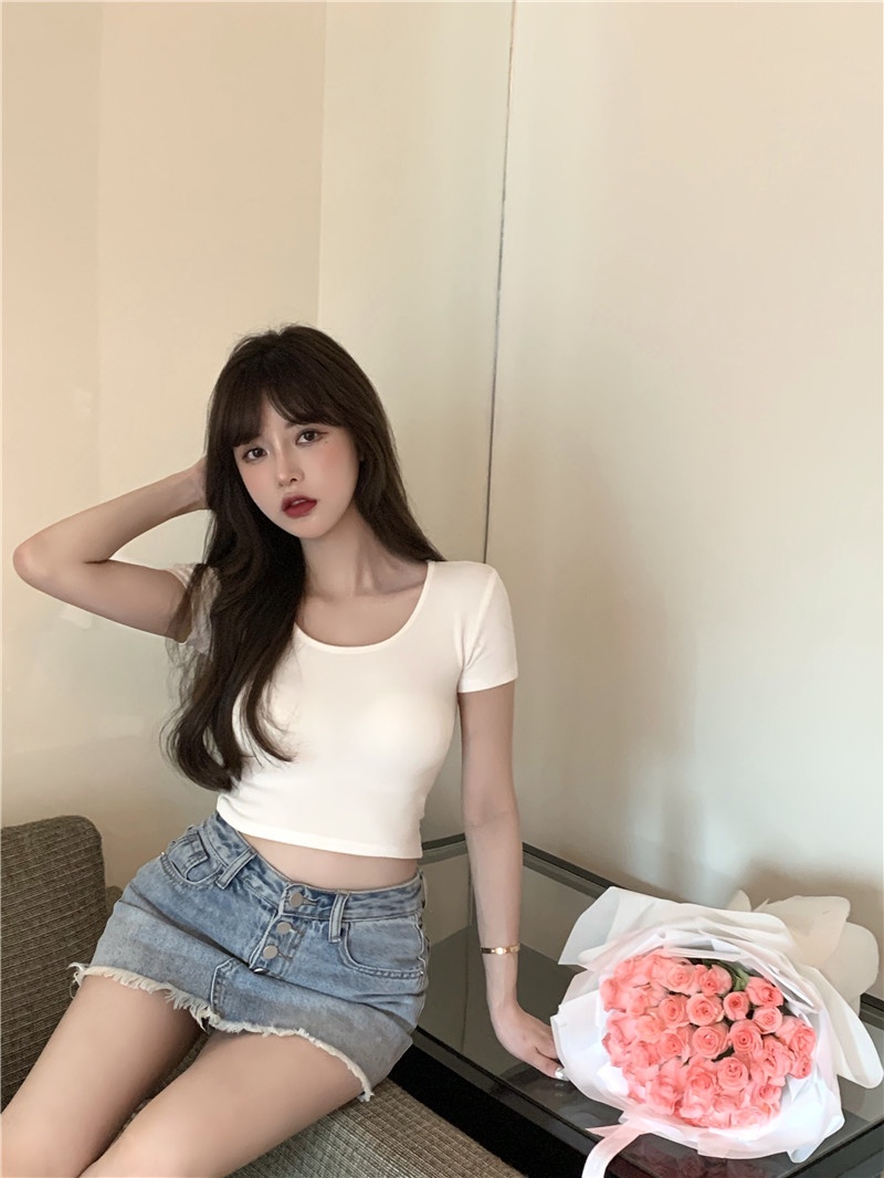 Women's solid color slim fit short sleeve fashionable crop top【6716 ...