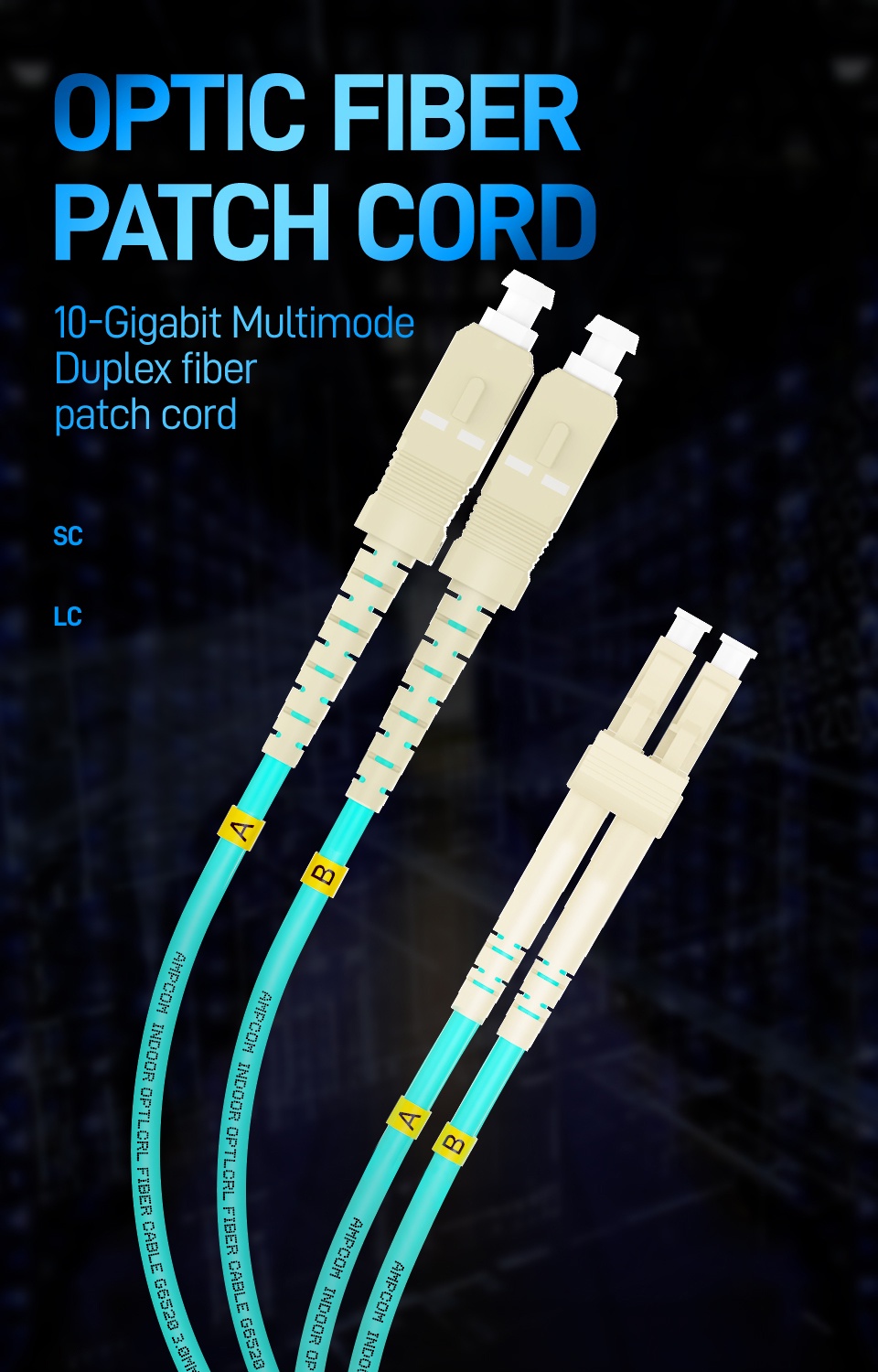 AMPCOM Fiber Optic Patch Cable SC-LC, LC-LC, SC-SC 10G Gigabit with Multimode OM3 Duplex 50/125 ...