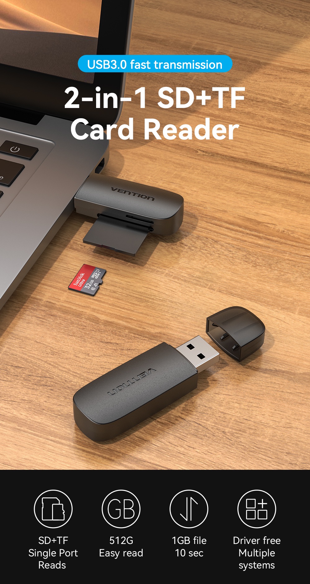 Vention SD Card Reader USB 3.0 Fast Transmission 2-in-1 512GB SD+TF ...