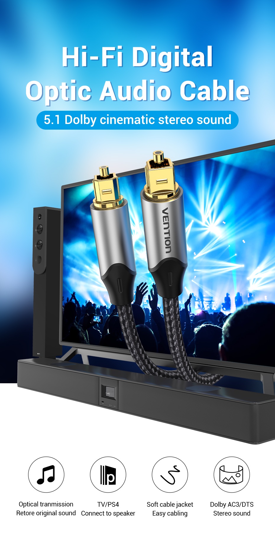 Vention Optical Fiber Audio Cable 5.1 S/PDIF Toslink PVC cotton mesh weaving for PS4/Xbox TV ...