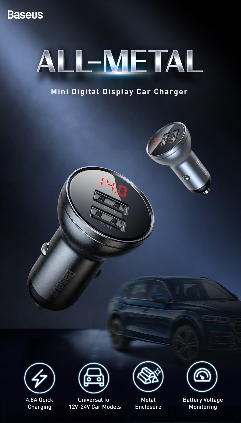 Baseus 24W 4.8A Dual USB Metal Car Charger LED Display fast Charging For iphone Samsung XiaoMi ...