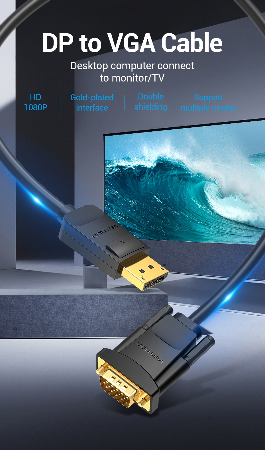 Vention DisplayPort to VGA Cable DP to VGA Male to Male Gold Plated Cord Compatible for ...