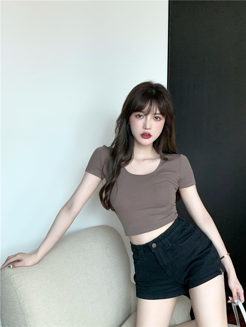 Women's solid color slim fit short sleeve fashionable crop top【6716 ...