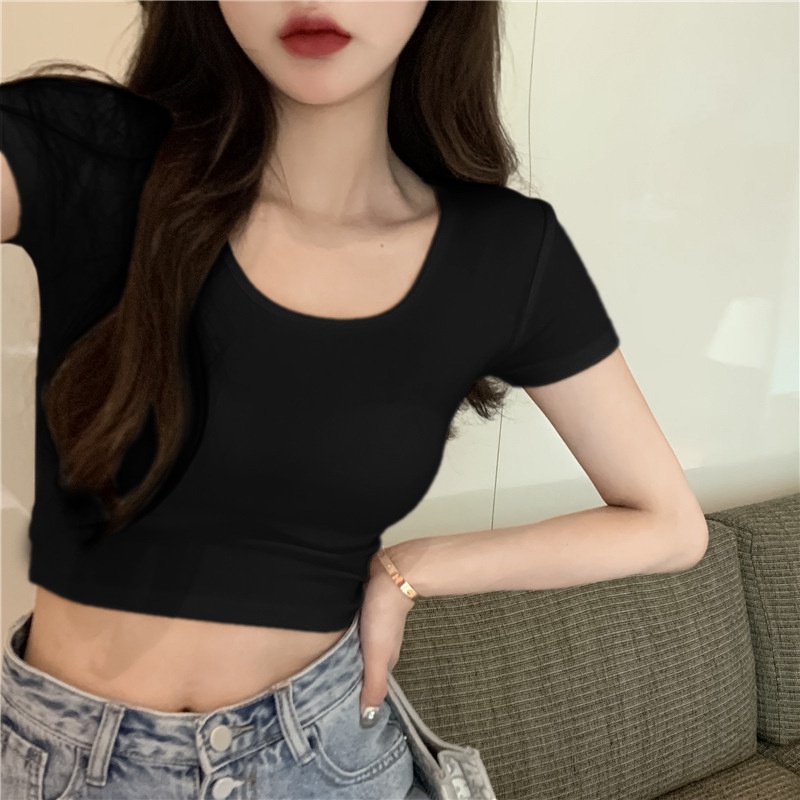 Women's solid color slim fit short sleeve fashionable crop top【6716 ...