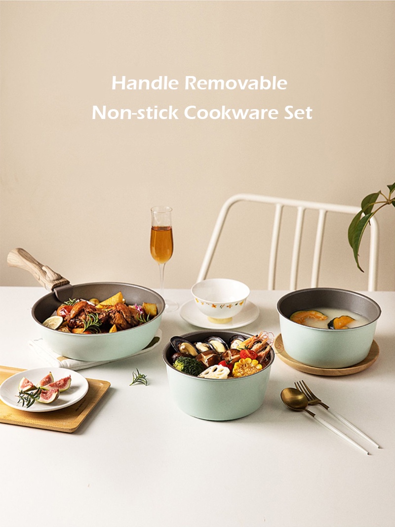 S&S 6Pcs/set Green Handle Removable Non-stick Cookware Set Including ...