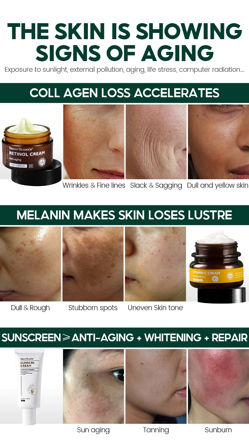 VIBRANT GLAMOUR Retinol +Vitamin C Cream Anti-aging Whitening Sunscreen ...