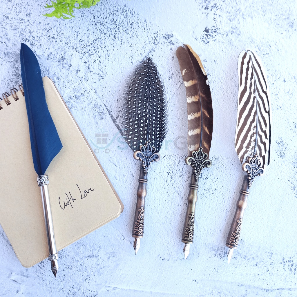 Vintage Feather Quill Pen Set with Ink & Nib Tips - Calligraphy Writing ...