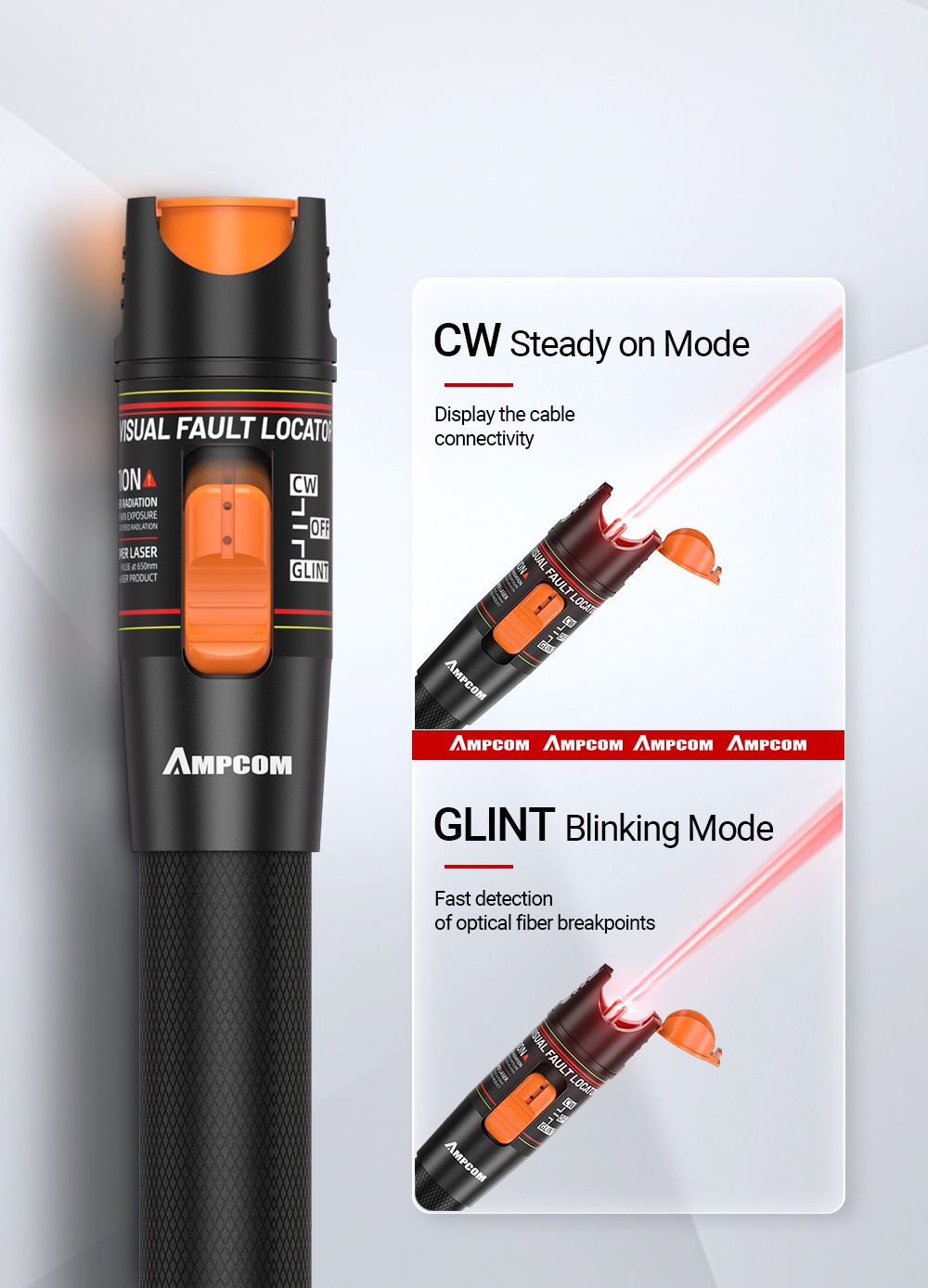 AMPCOM Visual Fault Locator Fiber Optic Cable Tester Red Light Pen Type ...