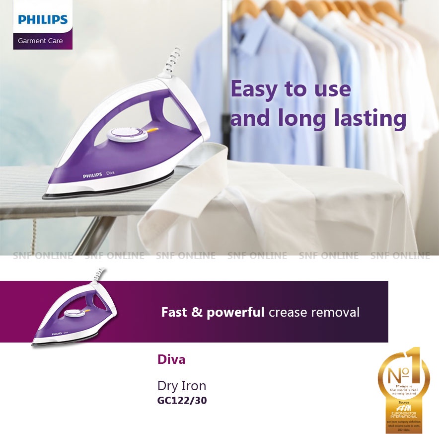 Philips Diva Dry Iron GC122 | GC122/30 (1200W & Non-stick Soleplate ...