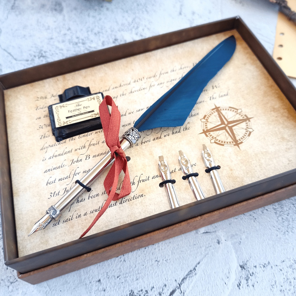 Vintage Feather Quill Pen Set with Ink & Nib Tips - Calligraphy Writing ...