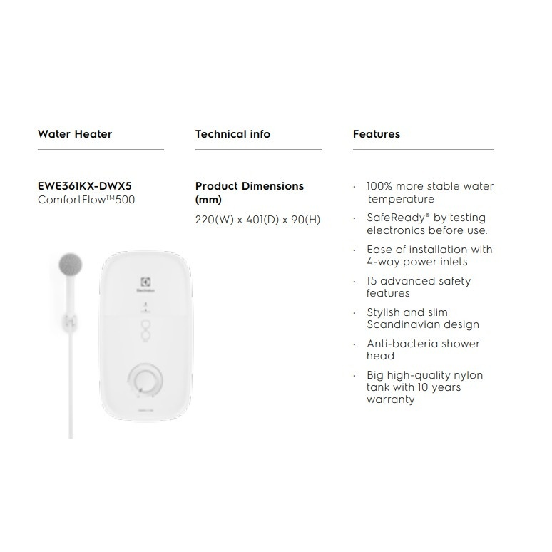 Electrolux 3.6kW ComfortFlow™ 500 electric instant water heater with 2 ...