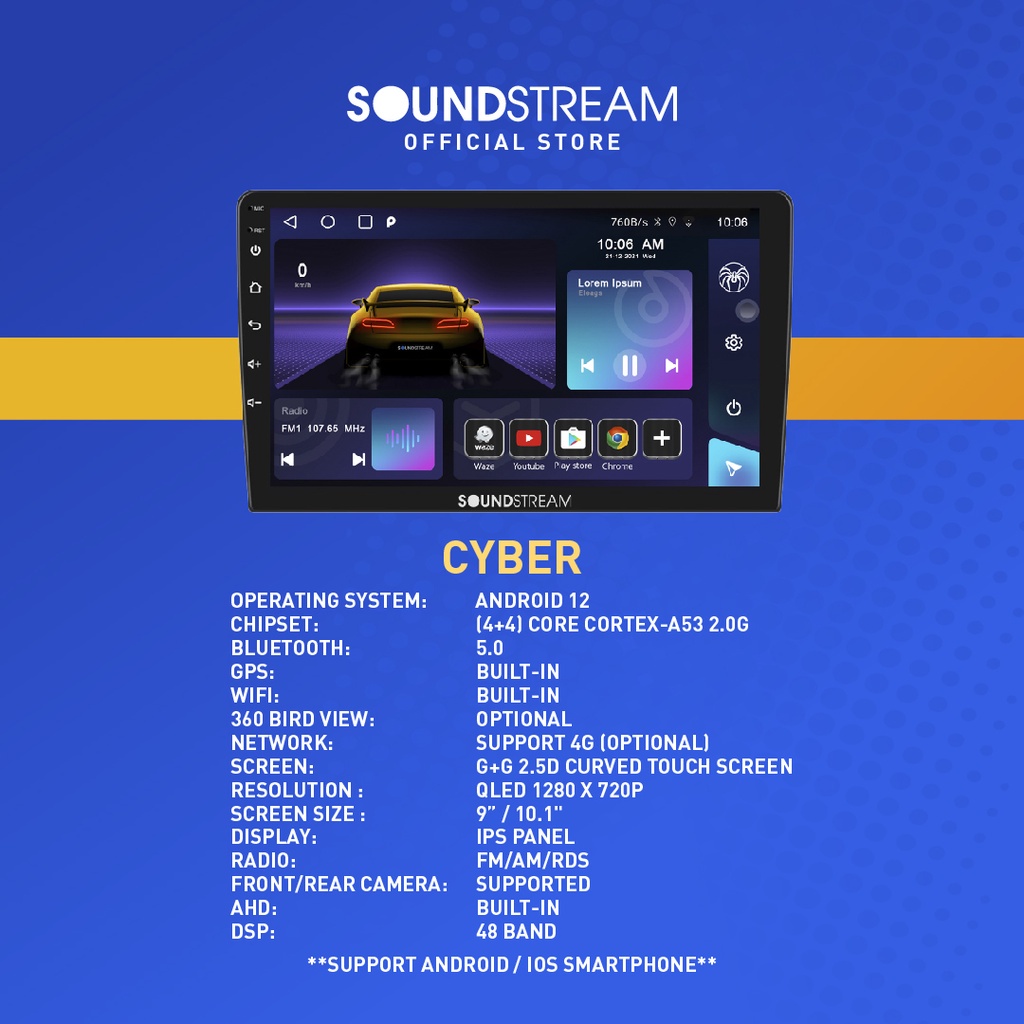 SOUNDSTREAM Cyber QLED 360 Cam Supported, DSP & 4G SIM Car Android ...