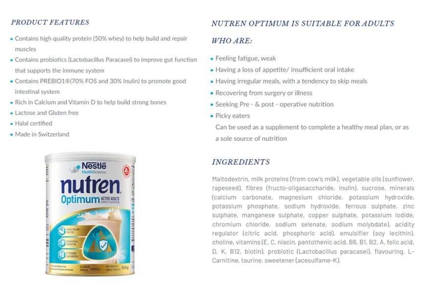 NESTLE Nutren Optimum Vanilla Complete Nutrition, Whey Protein I Muscle Strength 800g (Bundle of ...