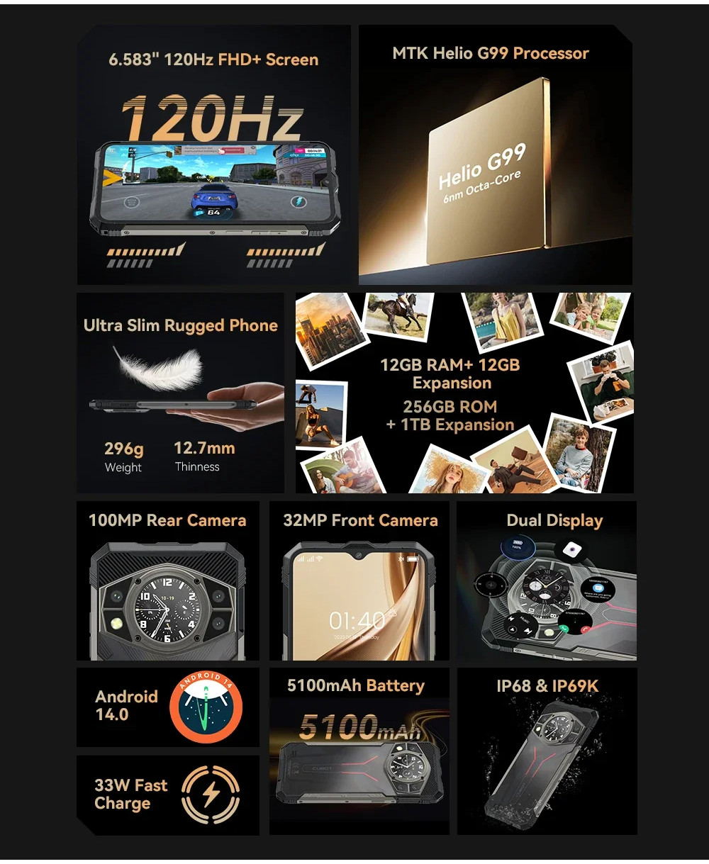 OUKITEL Cubot Kingkong AX Android 14 24GB+256GB 120Hz 6.583" Handphone ...