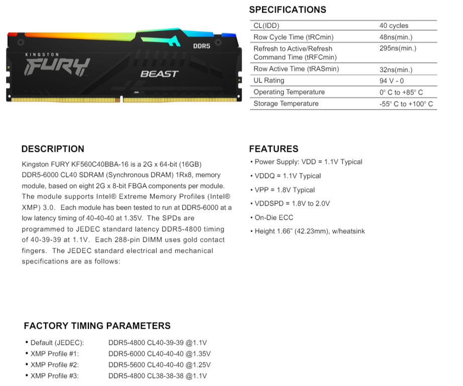 Kingston Fury Beast RGB CL40 8GB / 16GB / 32GB DDR5 6000MHZ Memory Ram - Black ( Intel XMP 3.0 ...