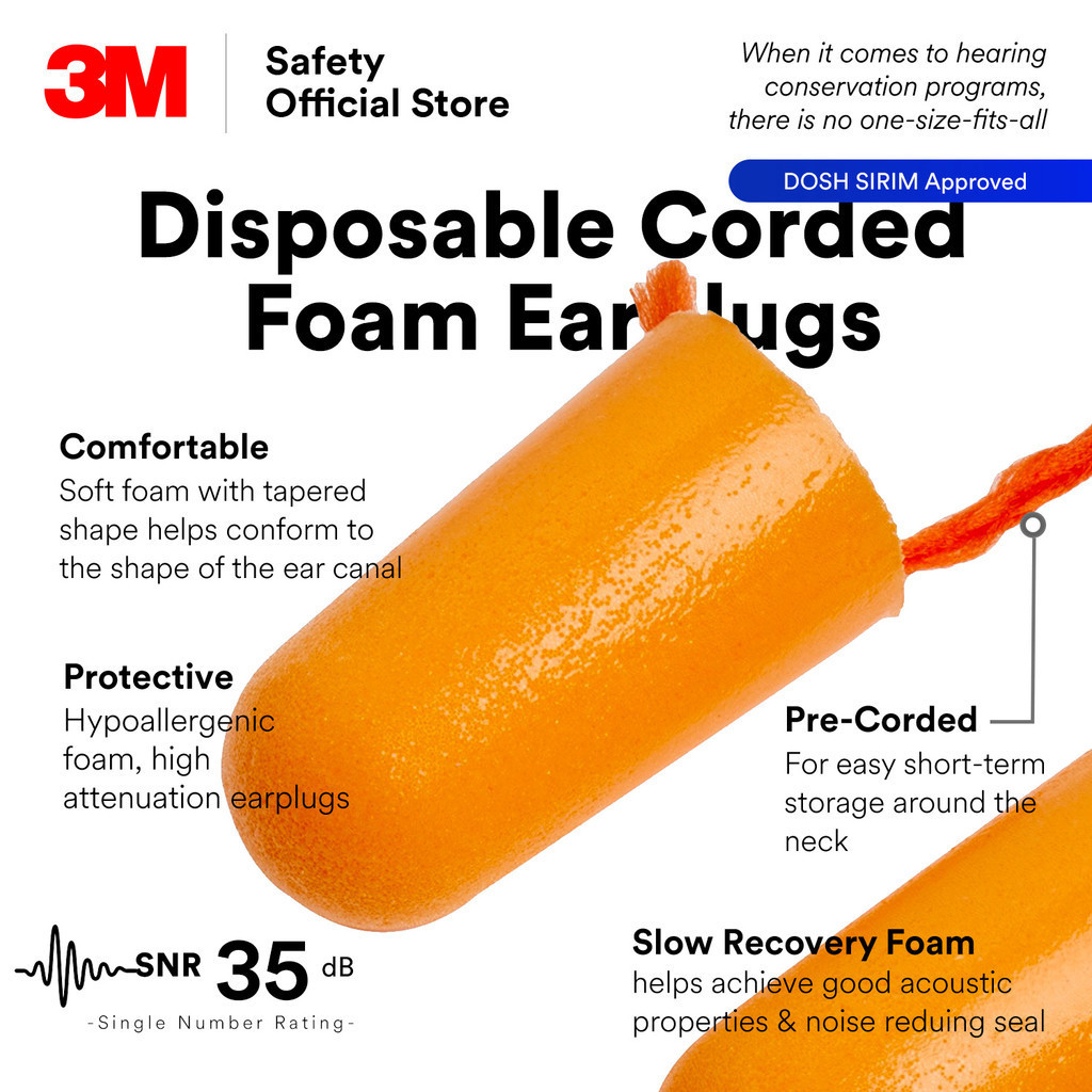 [Sell by Box] 3M™ 1110 Corded Soft Foam Earplugs SNR 35 dB Travel (100 Pairs/Box) EP_ PSD ...