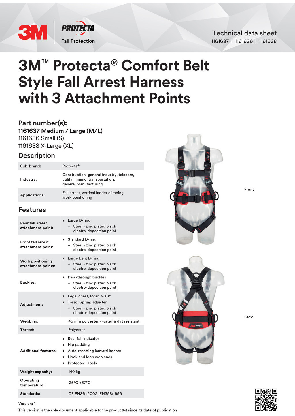3M™ Protecta 1161637 Comfort Belt Style Fall Arrest Harness with 3 ...