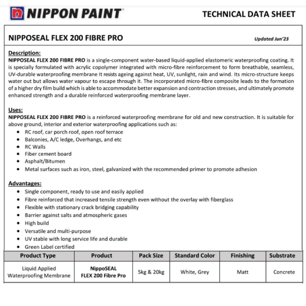 NIPPON PAINT FLEX 200 NIPPO SEAL FIBRE PRO WATERPROOFING WHITE GREY 20KG / Cat Slab Bocor ...