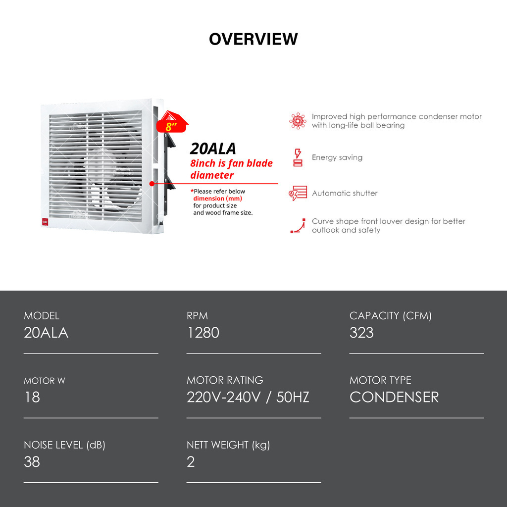 KDK Wall Ventilating Exhaust Fan 20ala - with Louver (8” - Fan Blade ...