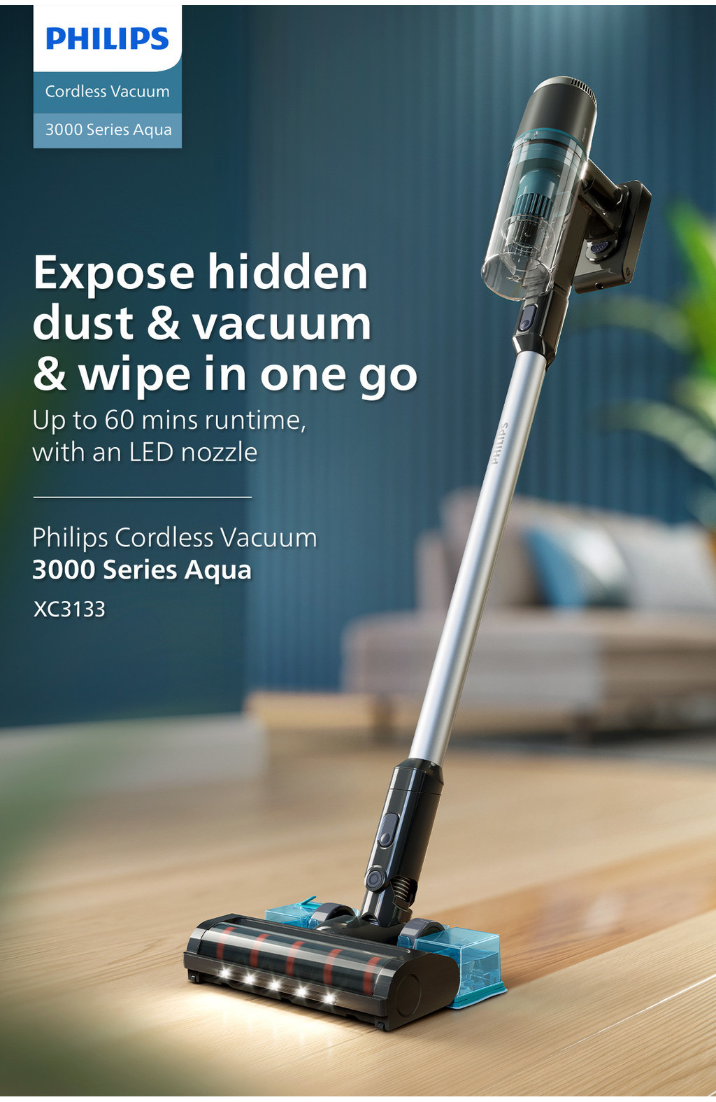 Philips XC3133 | Cordless Vacuum cleaner | Wet & Dry | 60 mins runtime ...