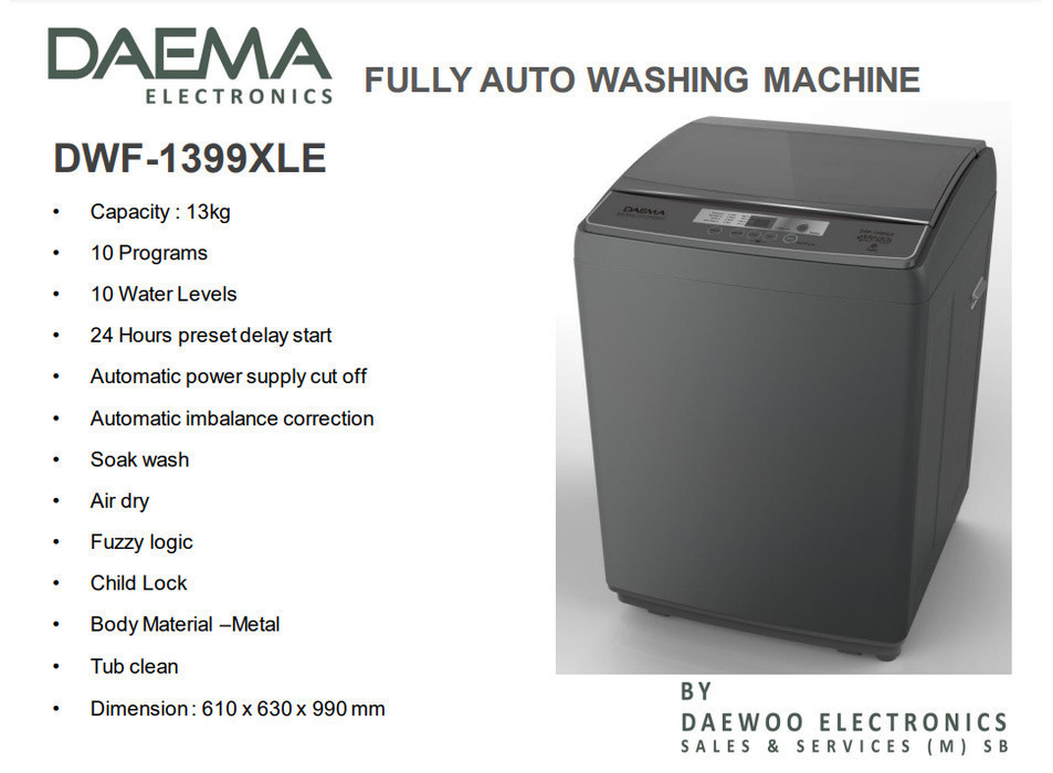 (FREE SHIPPING) Daema DWF-1399XLE 13.0 KG Fully Auto Top Load Washing ...