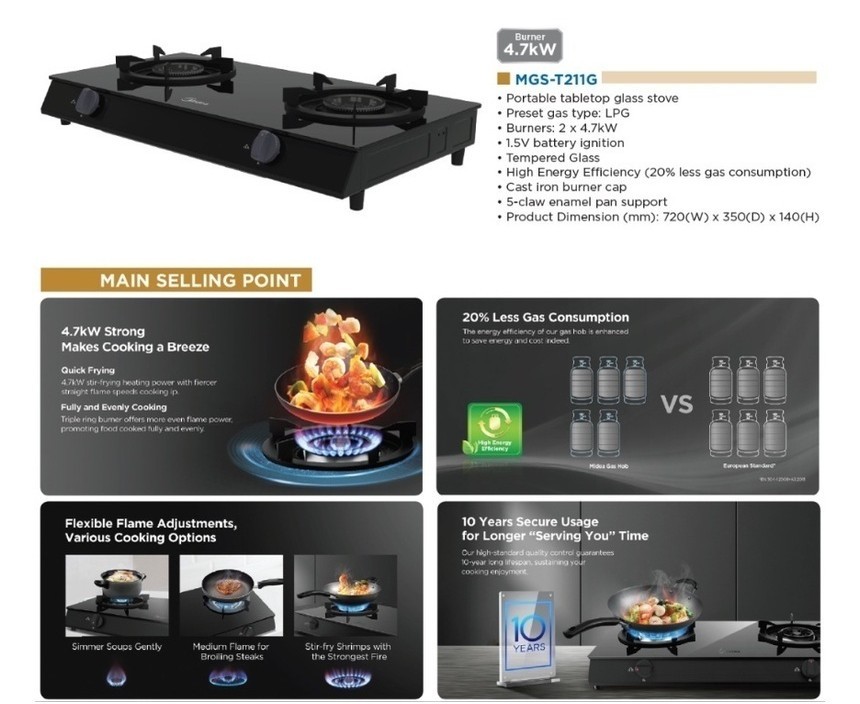 (FREEGIFT) Midea MGS-T211G | Dapur Gas Kaca Meja / Tabletop Glass Stove ...