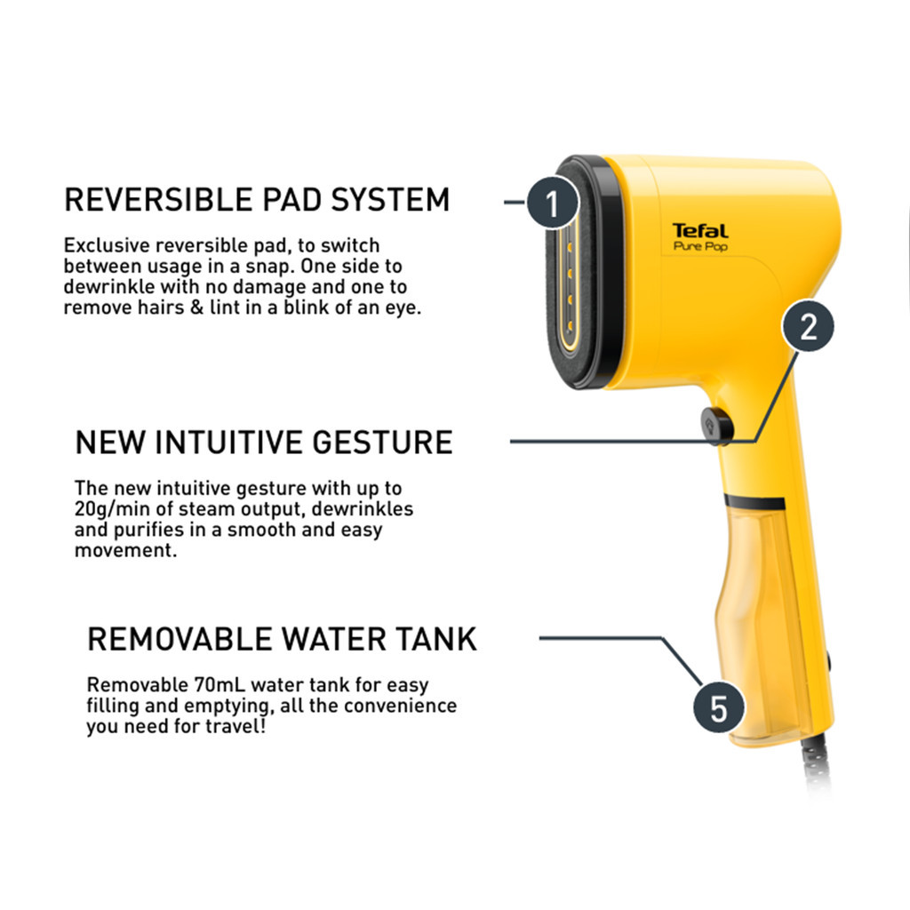 Tefal Pure Pop DT2020 Handheld Garment Steamer (20g/min, Reversible pad ...