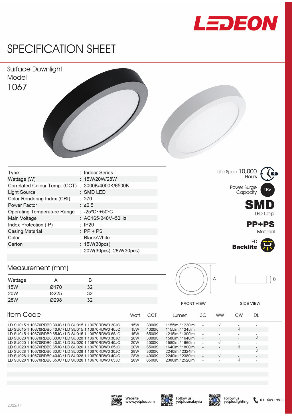 YETPlus LEDEON 1067 28W LED White Black Round Ceiling Surface Downlight ...