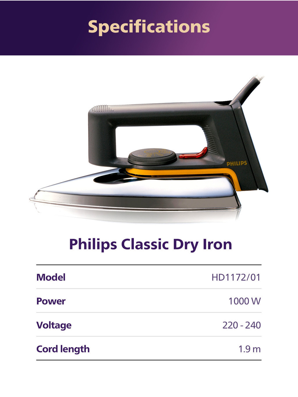 Philips Classic Dry Iron (1000W) HD1172 | HD1172/01 | Shopee Malaysia