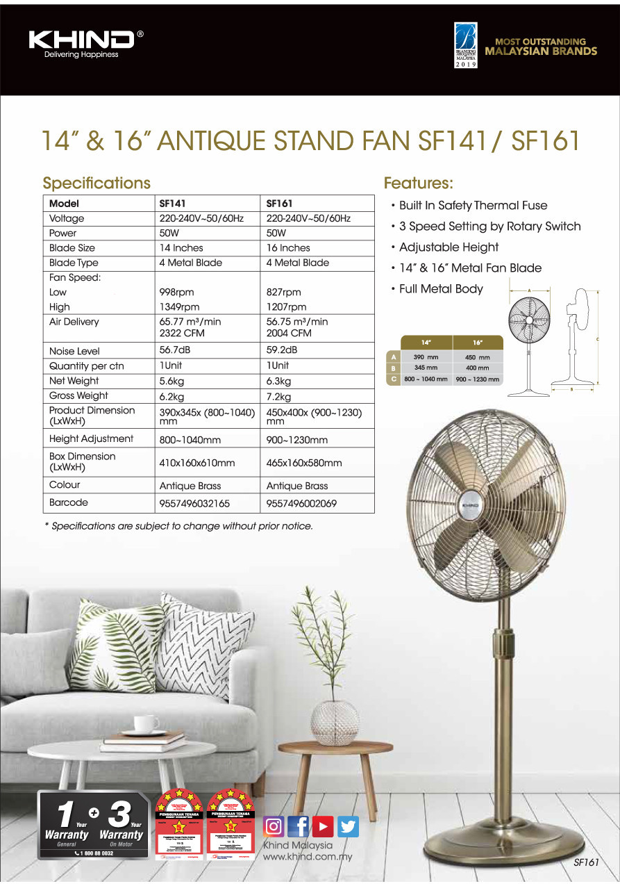 Khind SF141 (14'') / SF161 (16'') Full Metal 4 Blade Stand Fan | Shopee Malaysia