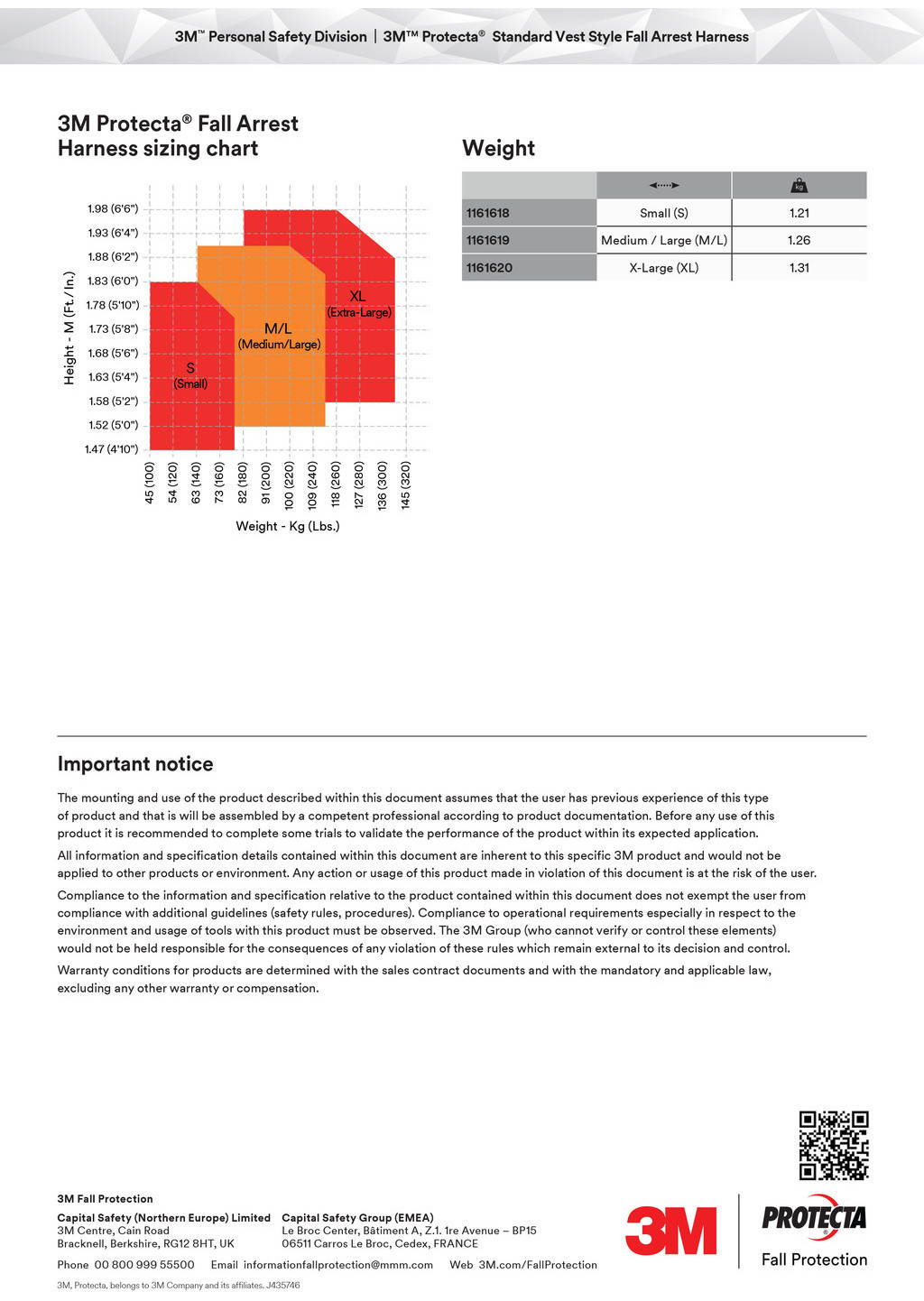 3M™ 1161619 P200 Protecta Standard Vest Style Fall Arrest Body Harness with 3 Attachment Points ...
