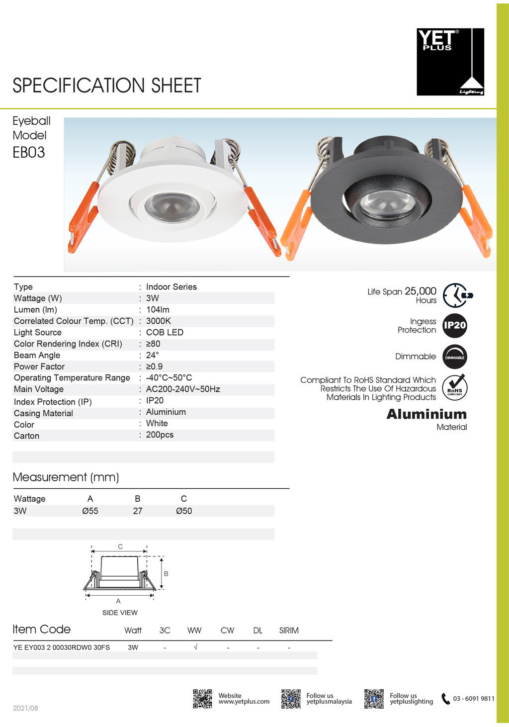 YETPlus EB03 EB05 3W White Round Square Adjustable COB LED Spot Ceiling Recessed Eyeball 3000K ...