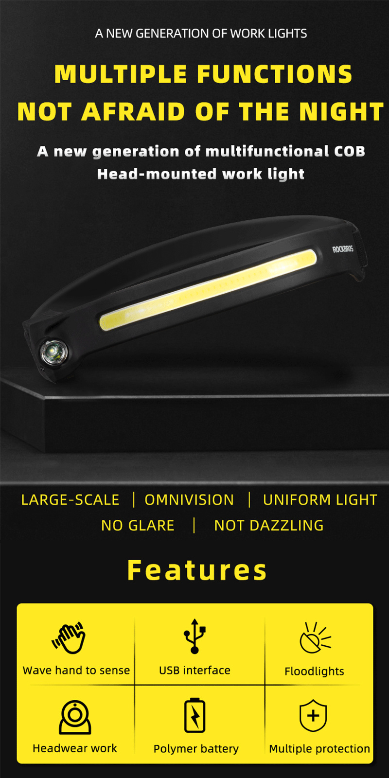 ROCKBROS Headlight COB LED Waterproof IPX6 Rechargeable Bike Light ...