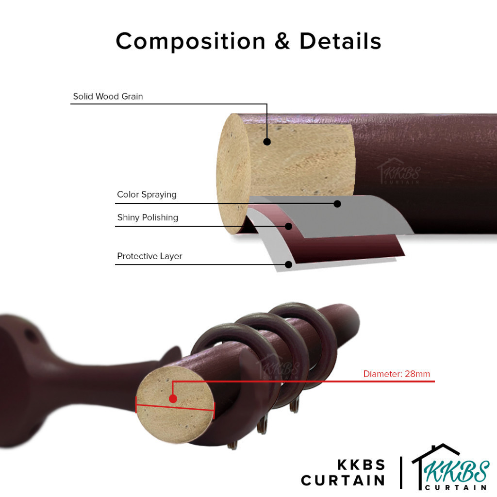 KKBS CURTAIN Aarony Rod Langsir Kayu Batang Langsir Set Lengkap Single ...